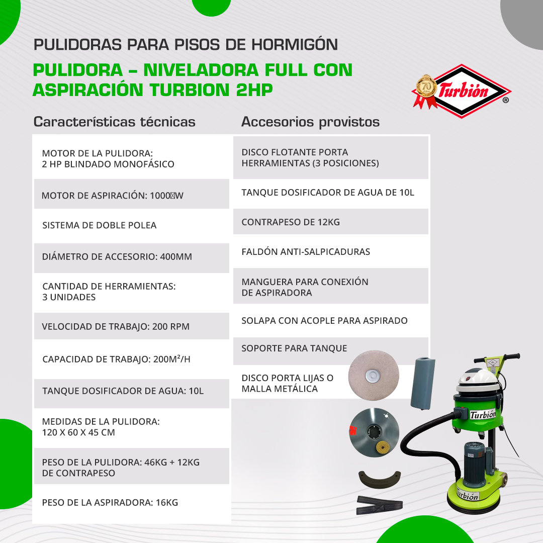 PULIDORA – NIVELADORA FULL CON ASPIRACIÓN TURBION 2HP | Turbion